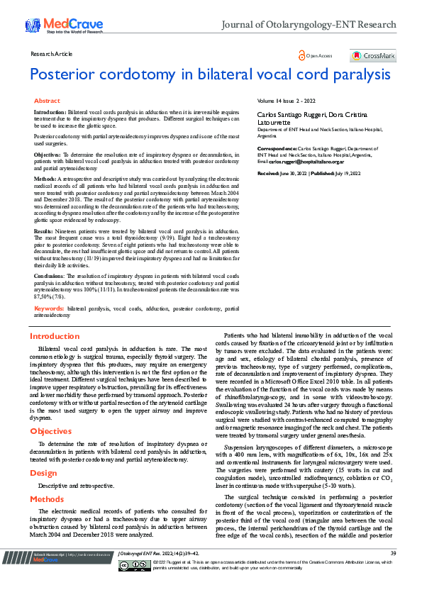(PDF) Posterior cordotomy in bilateral vocal cord paralysis