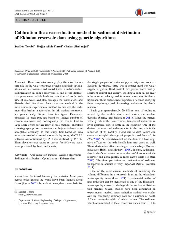 (PDF) Calibration the area-reduction method in sediment distribution of Ekbatan reservoir dam ...