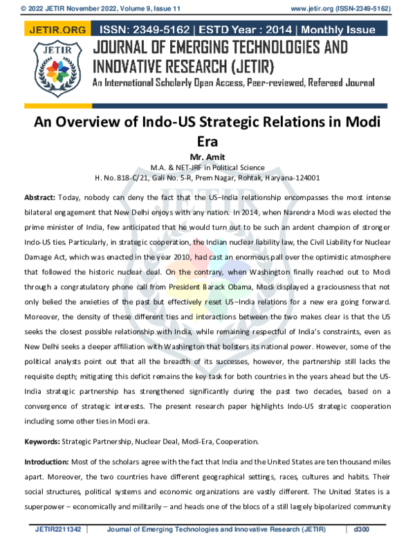 (PDF) An Overview of Indo-US Strategic Relations in Modi Era