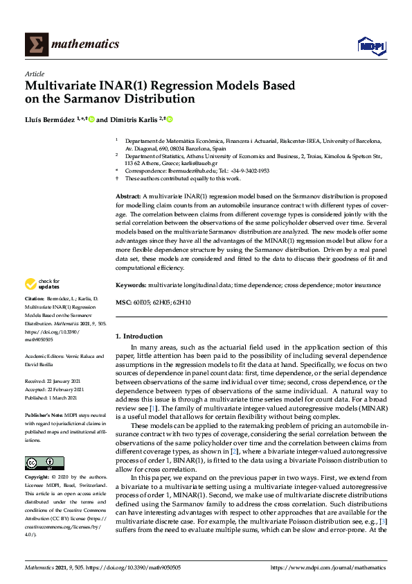 Pdf Multivariate Inar 1 Regression Models Based On The Sarmanov Distribution