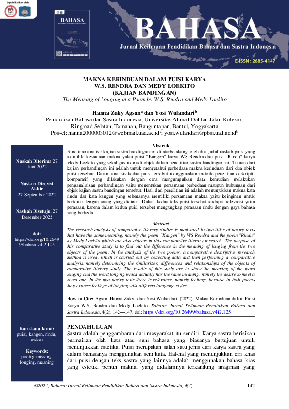 (PDF) Makna Kerinduan dalam Puisi Karya W.S. Rendra dan Medy Loekito