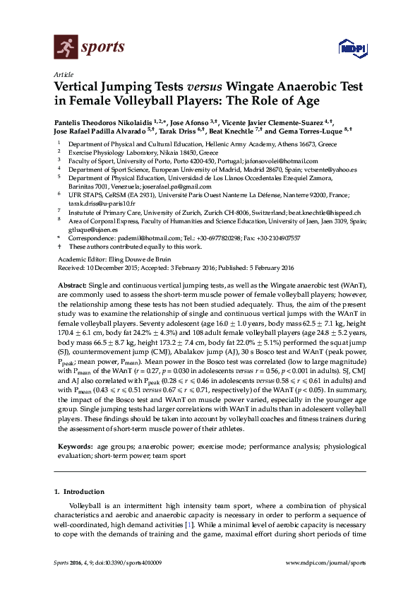 (PDF) Vertical Jumping Tests versus Wingate Anaerobic Test in Female ...