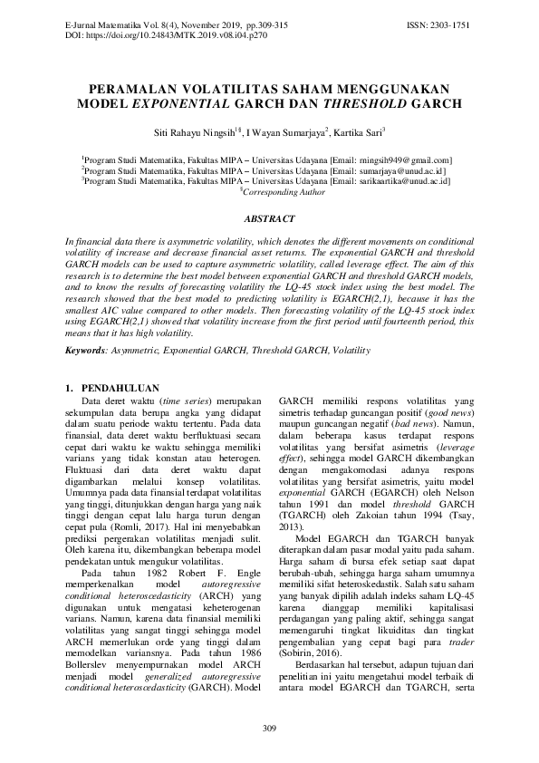 (PDF) Peramalan Volatilitas Saham Menggunakan Model Exponential Garch ...