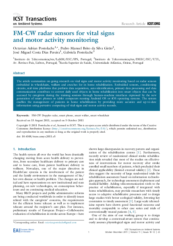 (PDF) FM-CW radar sensors for vital signs and motor activity monitoring ...
