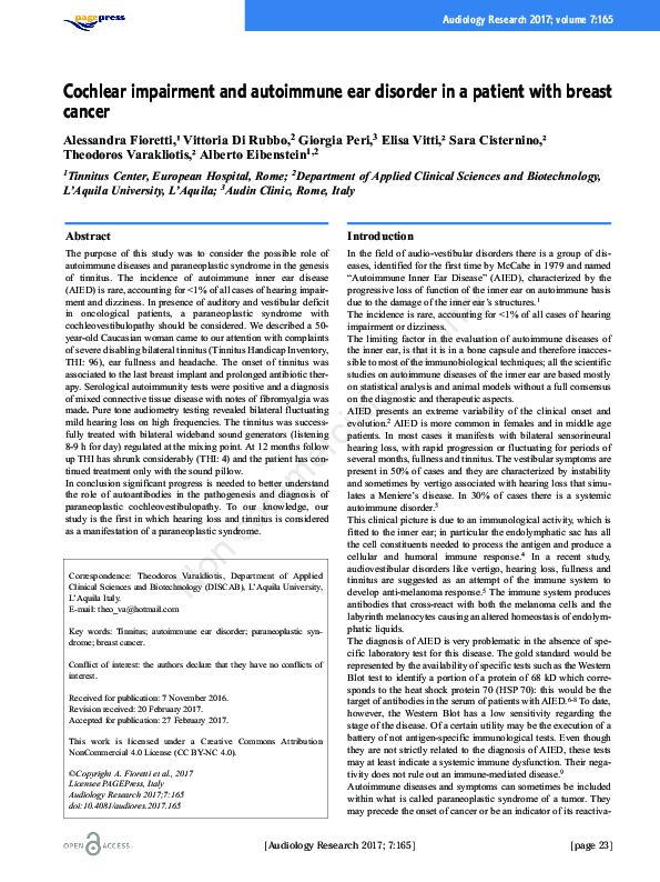 (PDF) Cochlear Impairment and Autoimmune Ear Disorder in a Patient with ...