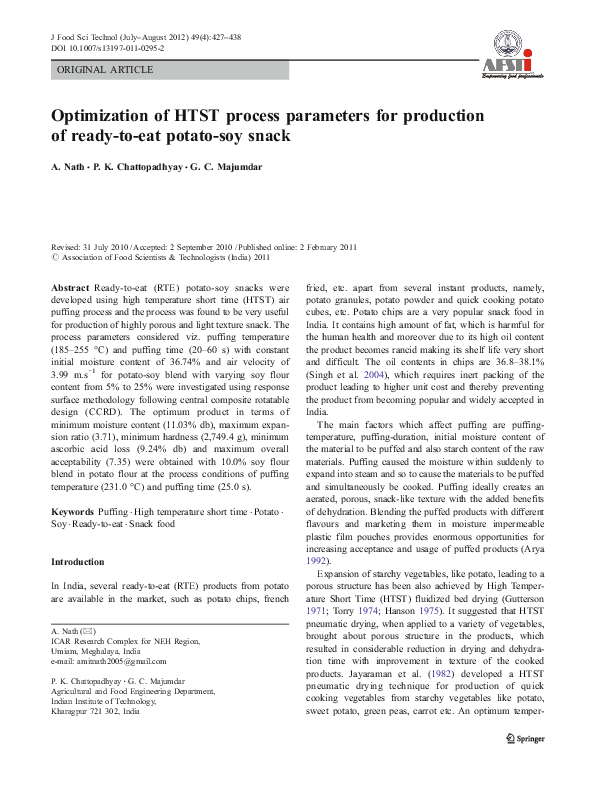 (PDF) Optimization of HTST process parameters for production of ready-to-eat potato-soy snack