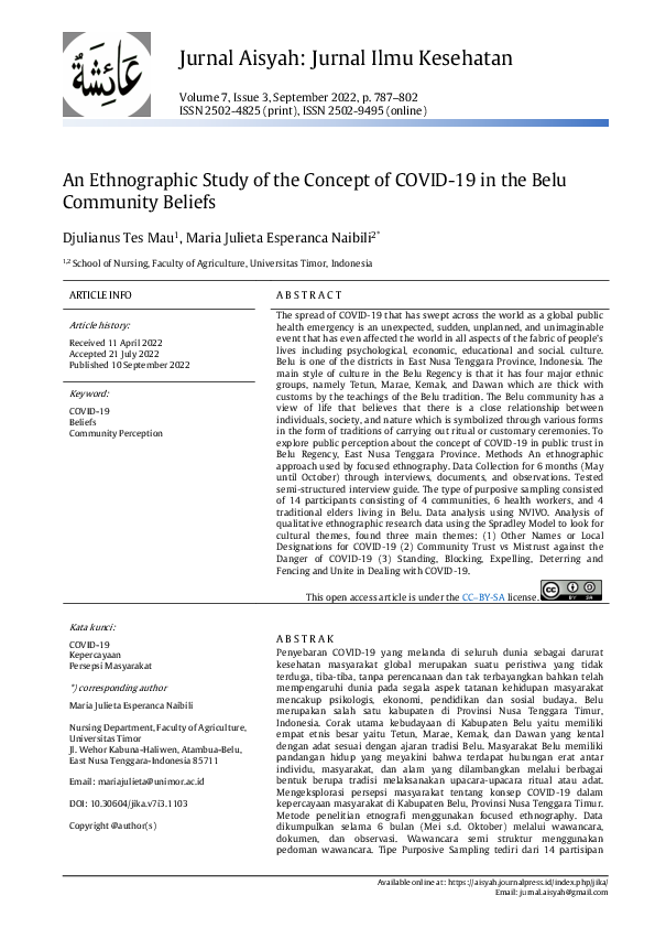 (PDF) An Ethnographic Study of the Concept of COVID-19 in the Belu ...