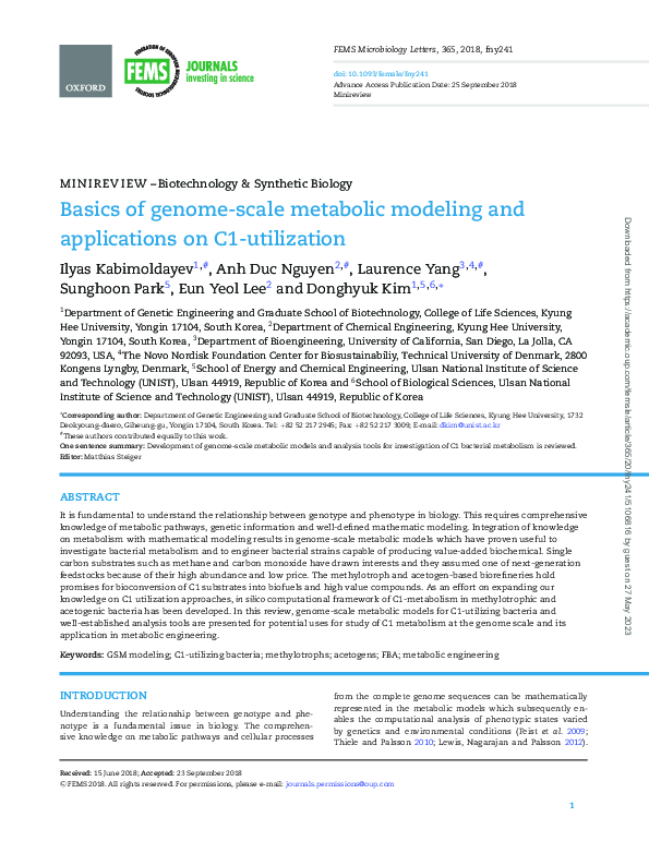 Pdf Basics Of Genome Scale Metabolic Modeling And Applications On C1 Utilization
