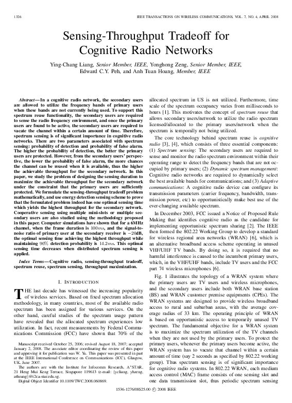 (PDF) Sensing-Throughput Tradeoff for Cognitive Radio Networks | ANH NGUYỄN HOÀNG - Academia.edu