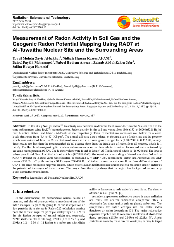(PDF) Measurement of Radon Activity in Soil Gas and the Geogenic Radon Potential Mapping Using ...