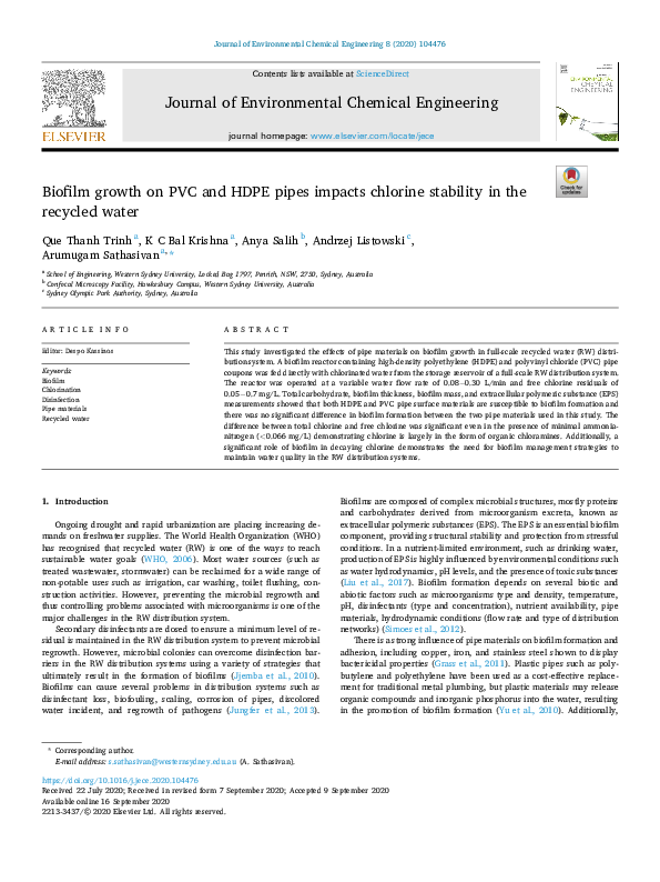 (PDF) Biofilm growth on PVC and HDPE pipes impacts chlorine stability in the recycled water