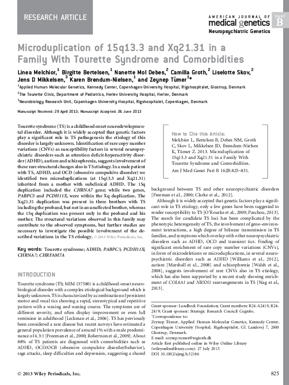 (PDF) Microduplication of 15q13.3 and Xq21.31 in a family with tourette ...