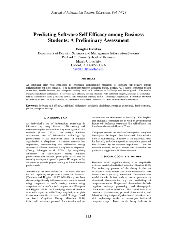 (PDF) Predicting software self efficacy among business students: A preliminary assessment