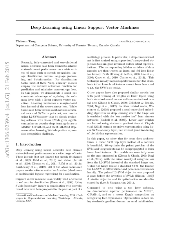 Pdf Deep Learning Using Linear Support Vector Machines 
