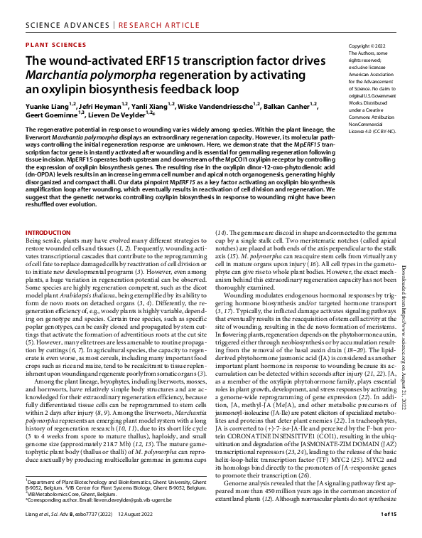 (PDF) The wound-activated ERF15 transcription factor drives Marchantia polymorpha regeneration ...