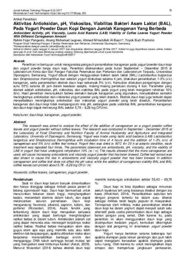 (PDF) Aktivitas Antioksidan, pH, Viskositas, Viabilitas Bakteri Asam Laktat (bal) pada Yogurt ...