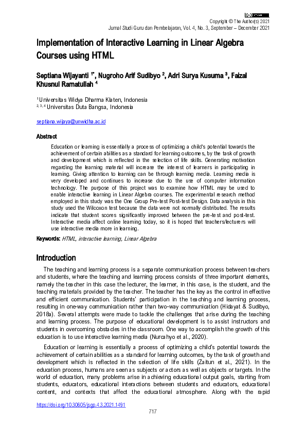 (PDF) Implementation of Interactive Learning in Linear Algebra Courses using HTML