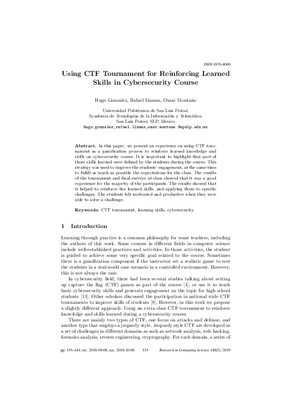 (PDF) Using a CTF Tournament for Reinforcing Learned Skills in Cybersecurity Course