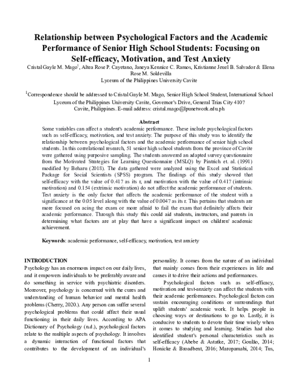 (PDF) Relationship between Psychological Factors and the Academic Performance of Senior High ...