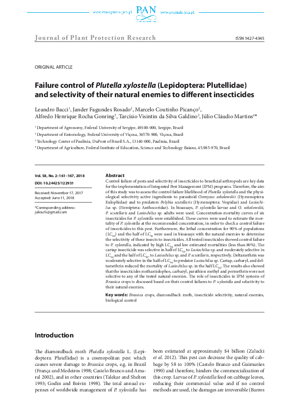 (PDF) Failure control of Plutella xylostella (Lepidoptera: Plutellidae) and selectivity of their ...