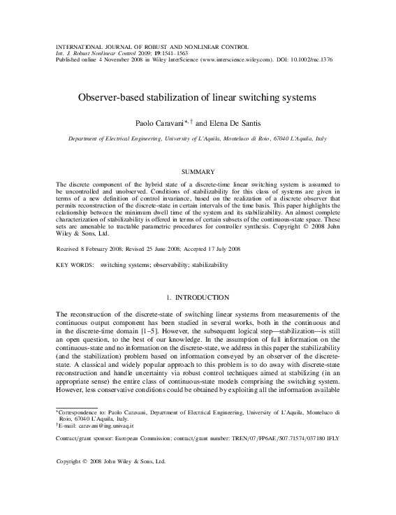 (PDF) Observer-based stabilization of linear switching systems