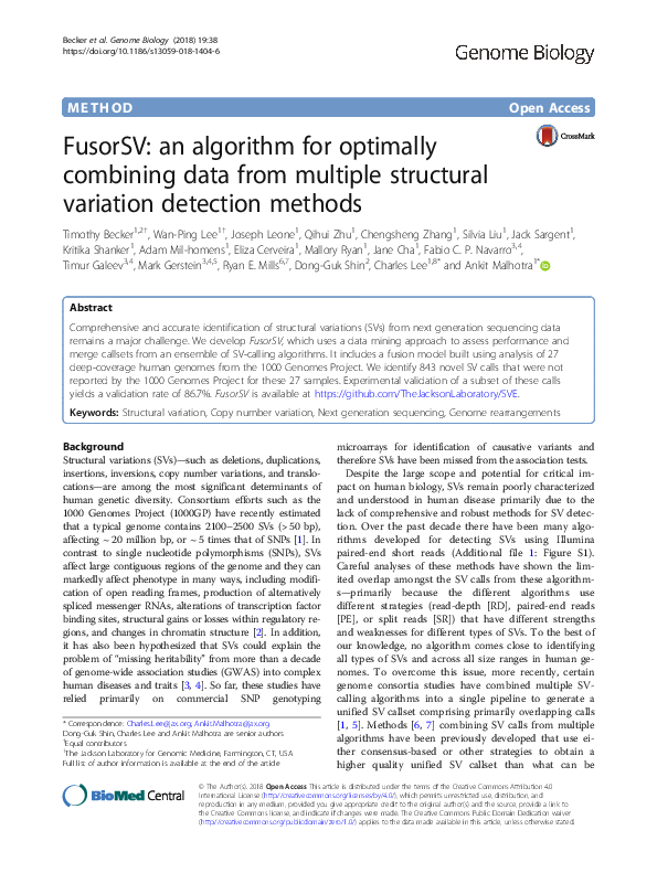 Pdf Fusorsv An Algorithm For Optimally Combining Data From Multiple Structural Variation