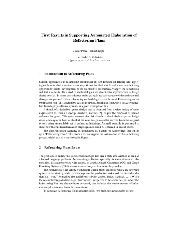 Pdf First Results In Supporting Automated Elaboration Of Refactoring Plans Javier Perez