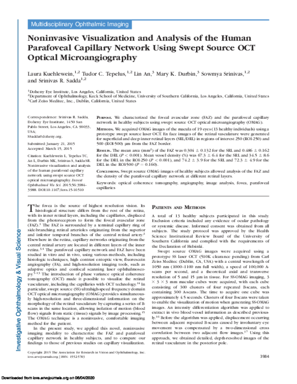 (PDF) Noninvasive Visualization and Analysis of the Human Parafoveal Capillary Network Using ...