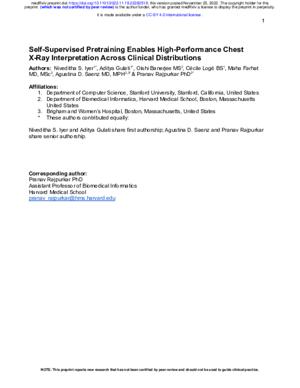 (PDF) Self-Supervised Pretraining Enables High-Performance Chest X-Ray Interpretation Across ...