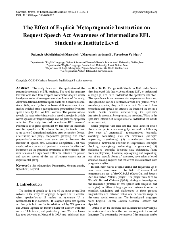 (PDF) The Effect of Explicit Metapragmatic Instruction on Request Speech Act Awareness of ...