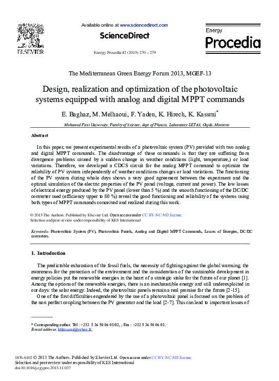 (PDF) Design, Realization and Optimization of the Photovoltaic Systems Equipped with Analog and ...