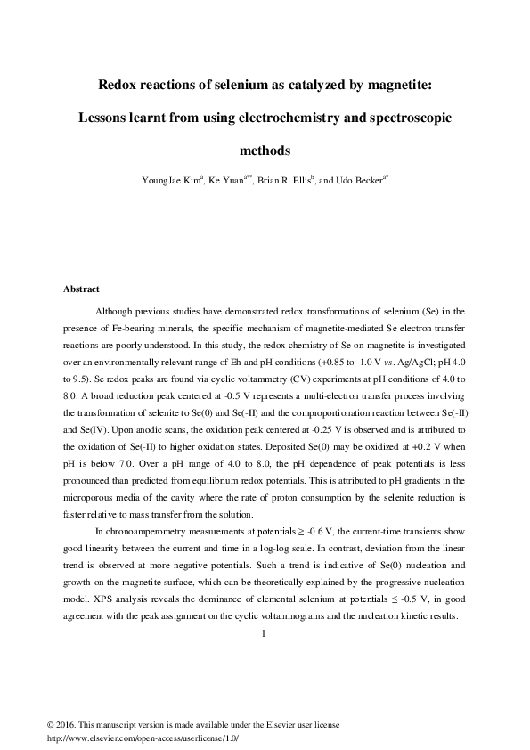 (PDF) Redox reactions of selenium as catalyzed by magnetite: Lessons ...