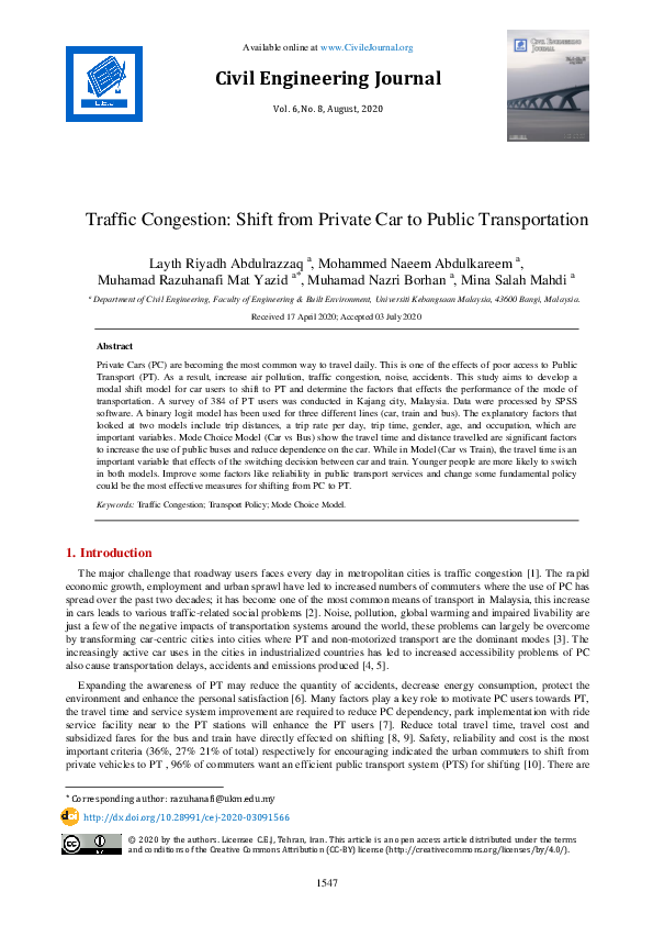 (PDF) Traffic Congestion: Shift from Private Car to Public Transportation
