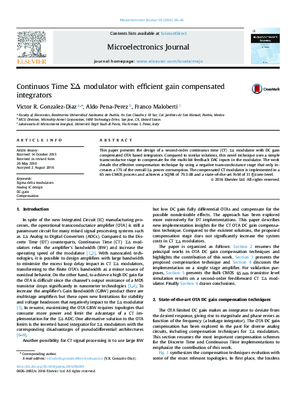 (PDF) Continuos Time ΣΔ modulator with efficient gain compensated integrators