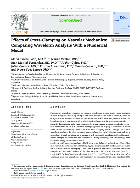 (PDF) Effects of Cross-Clamping on Vascular Mechanics: Comparing ...