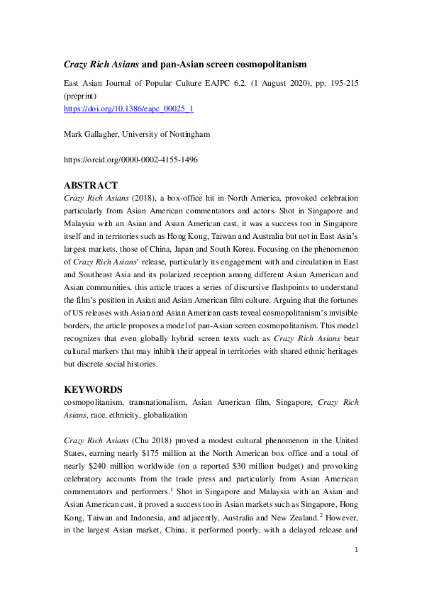 (PDF) Crazy Rich Asians and pan-Asian screen cosmopolitanism