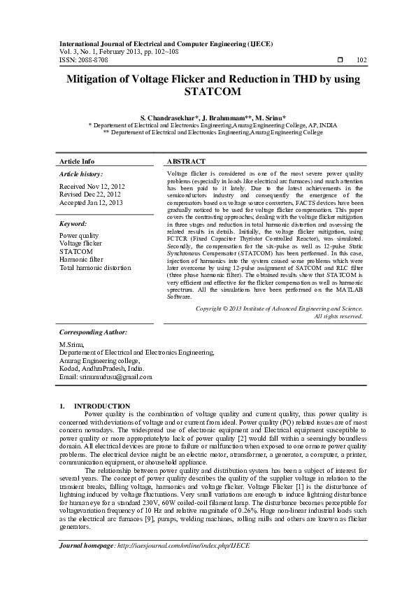 (PDF) Mitigation of Voltage flicker and reduction in THD by using STATCOM