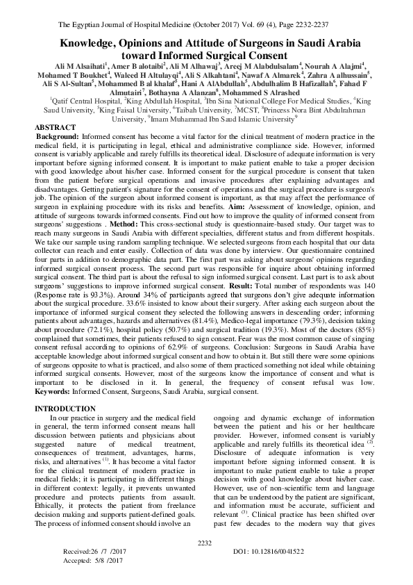 (PDF) Knowledge, Opinions and Attitude of Surgeons in Saudi Arabia toward Informed Surgical Consent