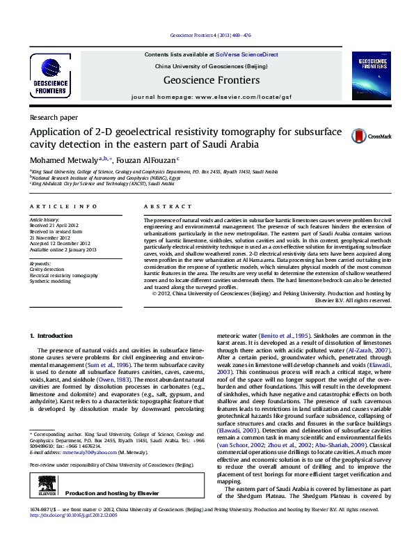 Pdf Application Of 2 D Geoelectrical Resistivity Tomography For Subsurface Cavity Detection In