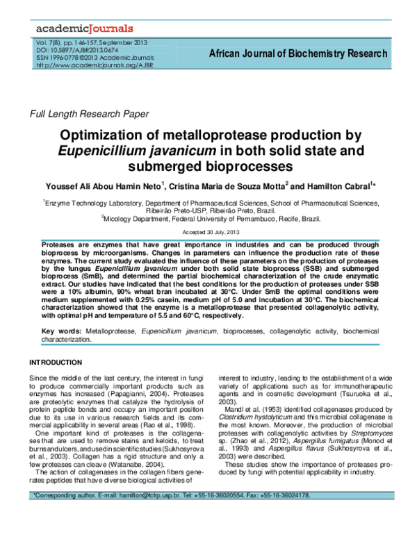 (PDF) Optimization of metalloprotease production by Eupenicillium javanicum in both solid state ...