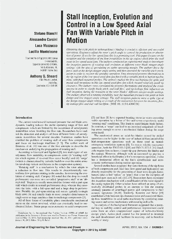 (PDF) Stall Inception, Evolution and Control in a Low Speed Axial Fan With Variable Pitch in Motion