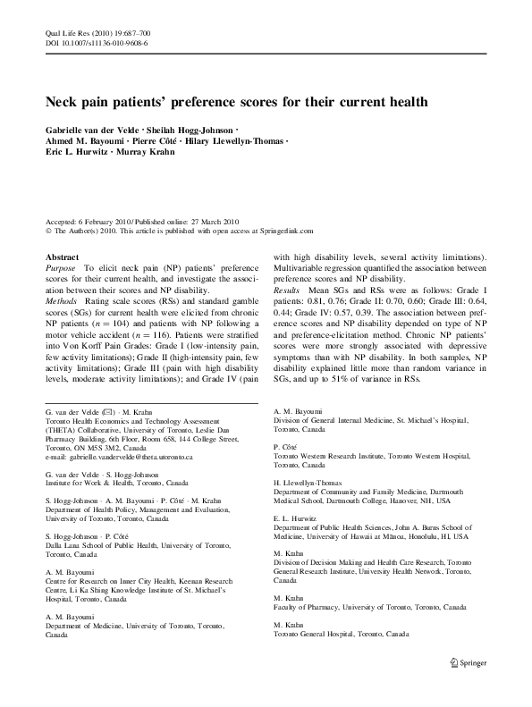 (PDF) Neck pain patients’ preference scores for their current health