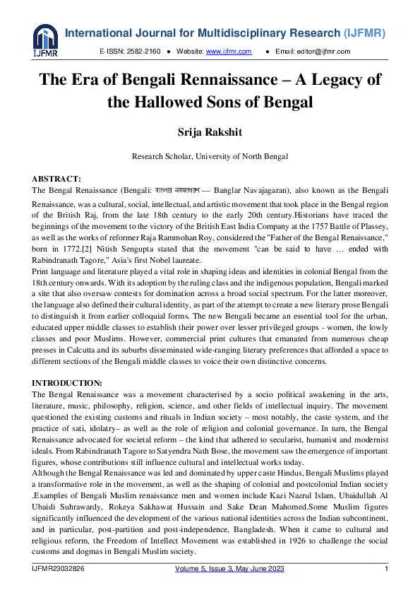 (PDF) The Era of Bengali Rennaissance – A Legacy of the Hallowed Sons ...