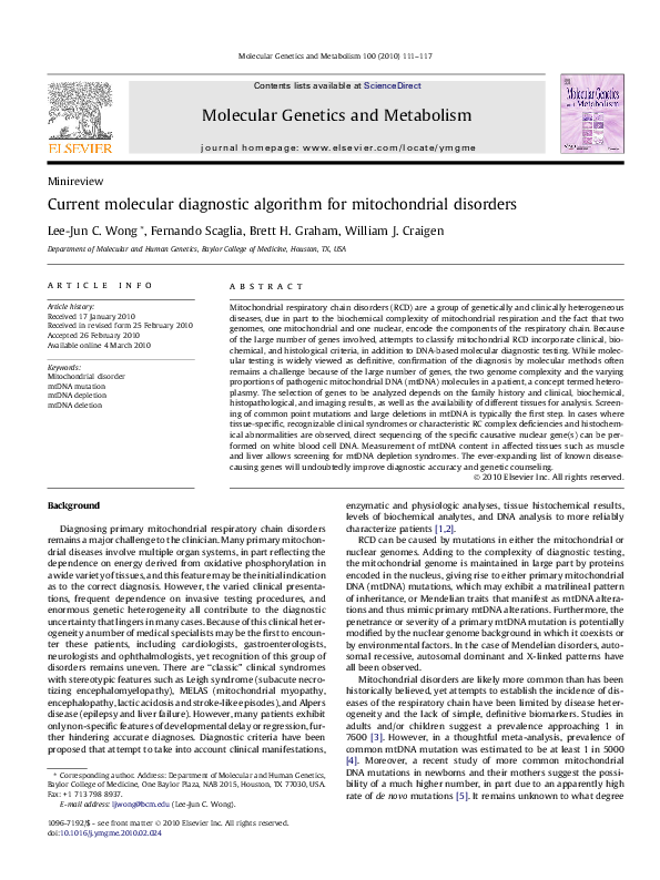 Pdf Current Molecular Diagnostic Algorithm For Mitochondrial Disorders