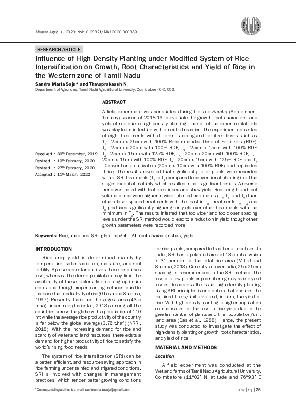 (PDF) Influence of High Density Planting under Modified System of Rice ... (PDF) Influence of High Density Planting under Modified System of Rice ...