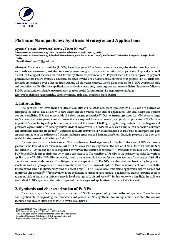 (PDF) Platinum Nanoparticles: Synthesis Strategies and Applications