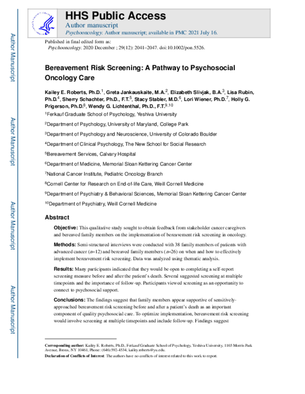 (PDF) Bereavement risk screening: A pathway to psychosocial oncology care