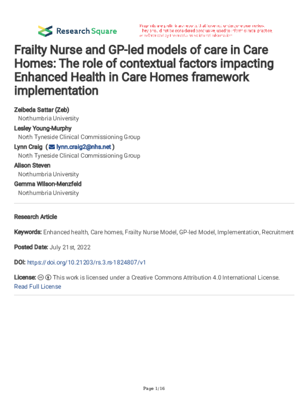 (PDF) Frailty Nurse and GP-led models of care in Care Homes: The role ...