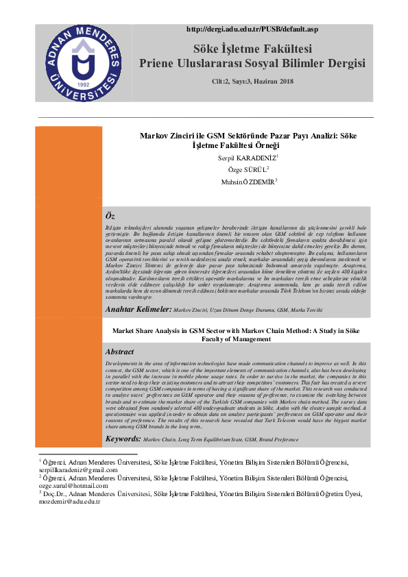 (PDF) Markov Zinciri İle GSM Sektöründe Pazar Payı Analizi: Söke ...