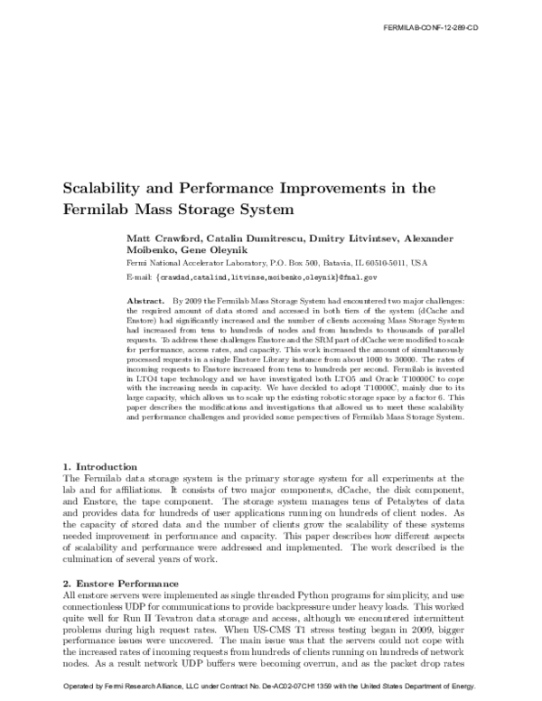 Pdf Scalability And Performance Improvements In The Fermilab Mass Storage System